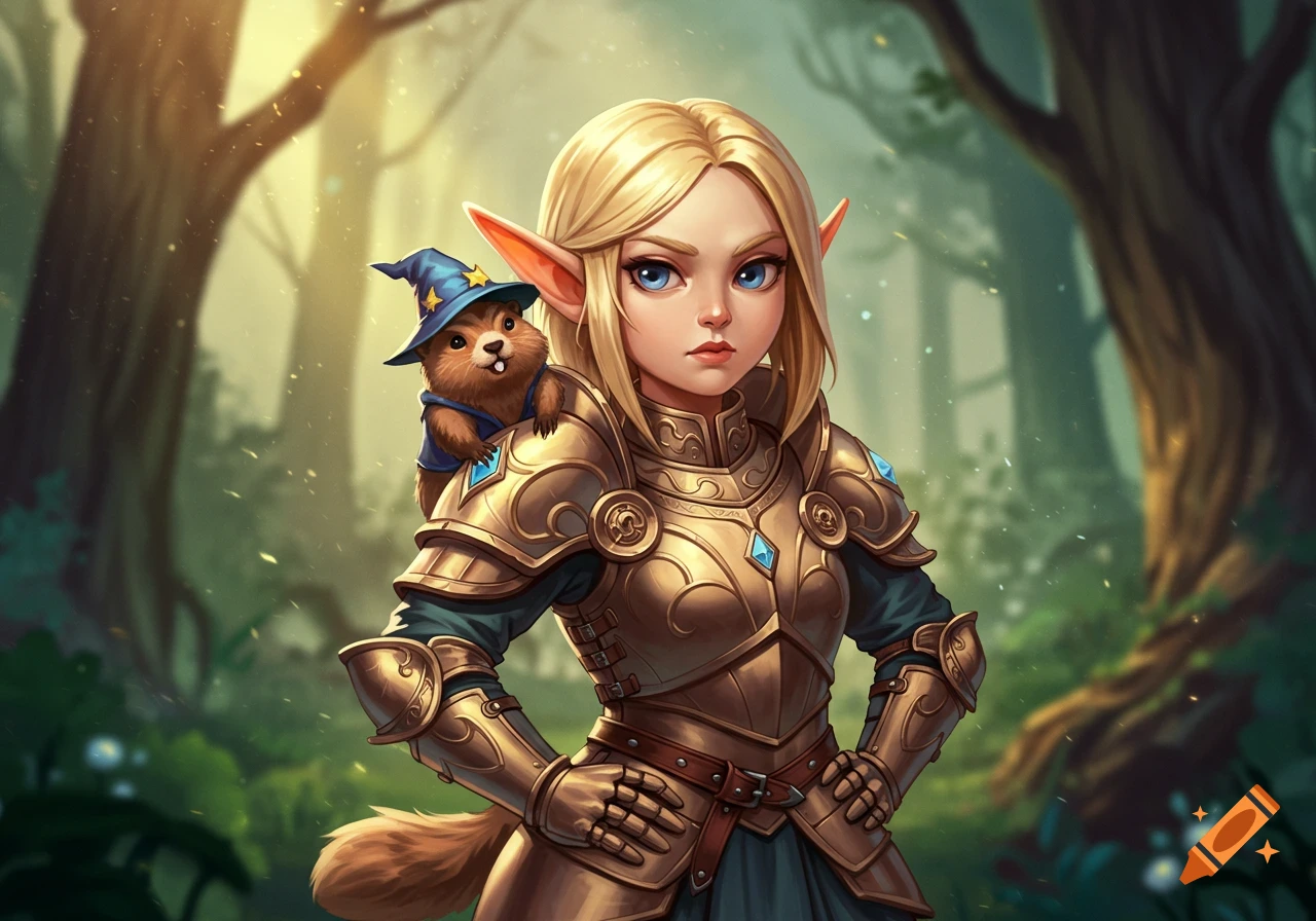 Illustrative fantasy portrait of a blonde female elf in golden armor ...