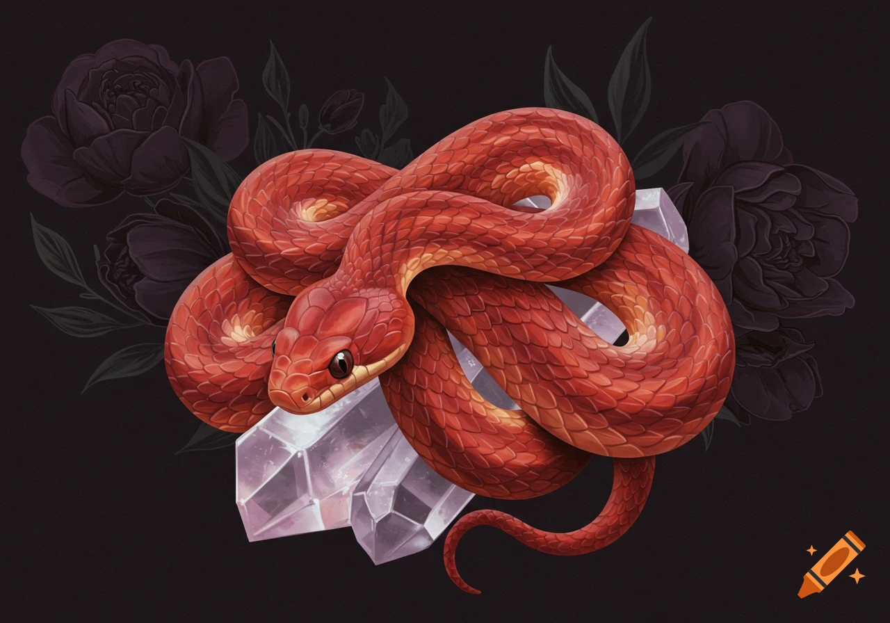 Red snake coiled on quartz crystals with dark flowers, illustration ...