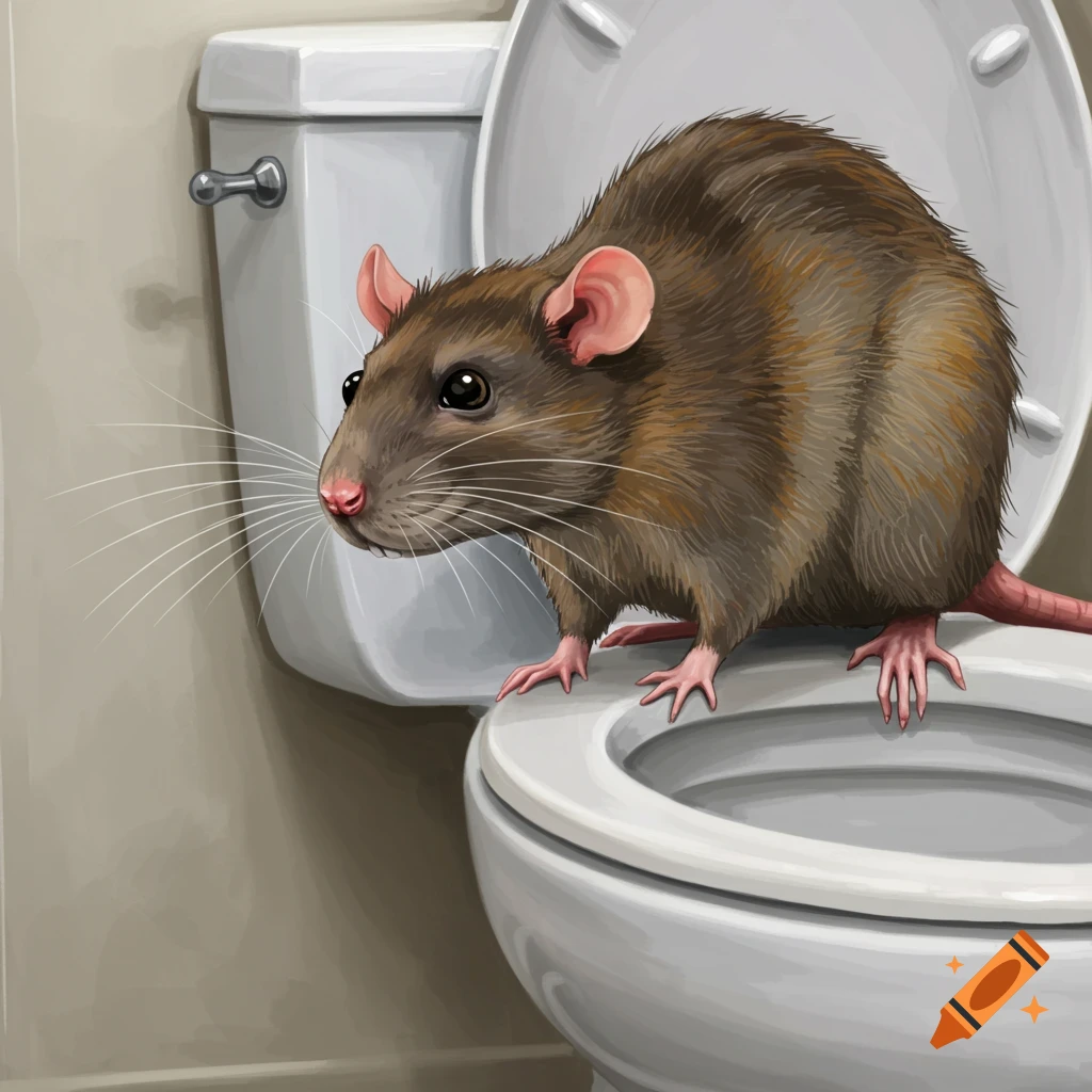A brown rat sits on the edge of a toilet seat, digital illustration. on ...