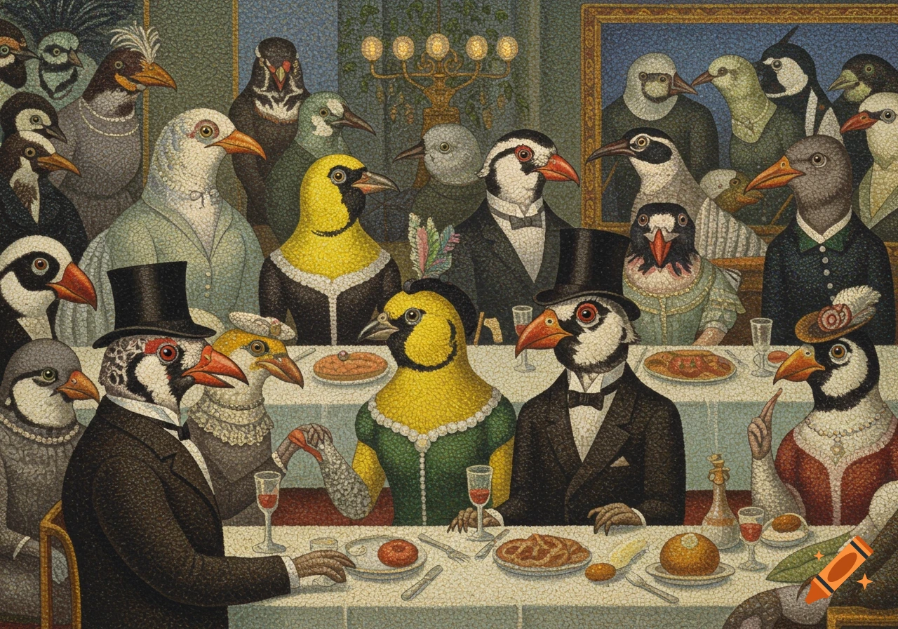 Birds dressed as humans attending a fancy dinner party, in the style of ...