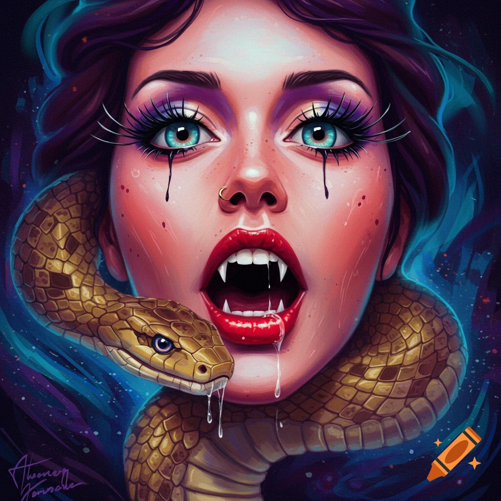 Stylized portrait of a woman with fangs, bright makeup, and a snake. on ...