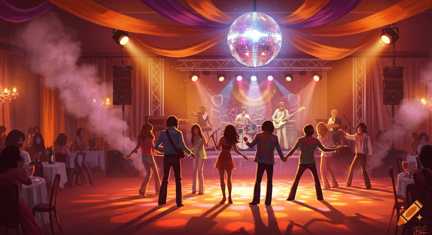 70s dance party with a band playing on stage and people dancing under a ...