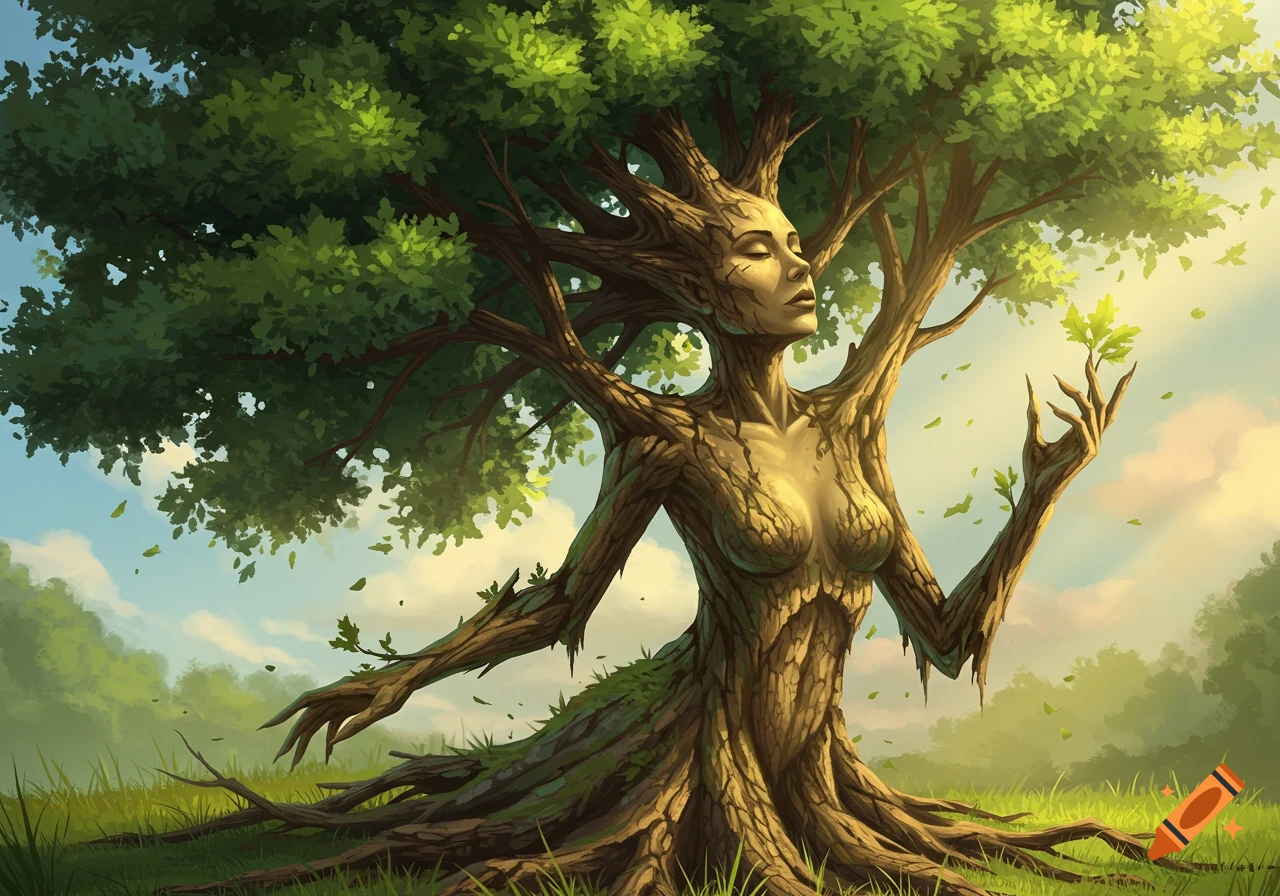An illustration of a woman's body merging with a tree trunk, standing ...