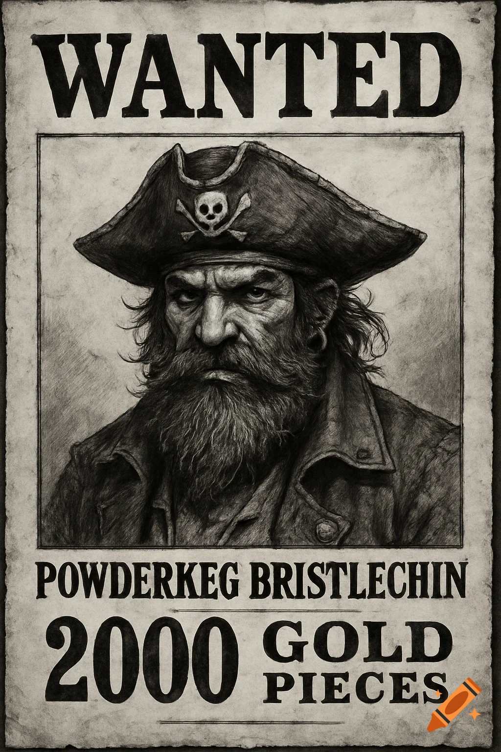 Black and white sketch of a pirate on a wanted poster. on Craiyon
