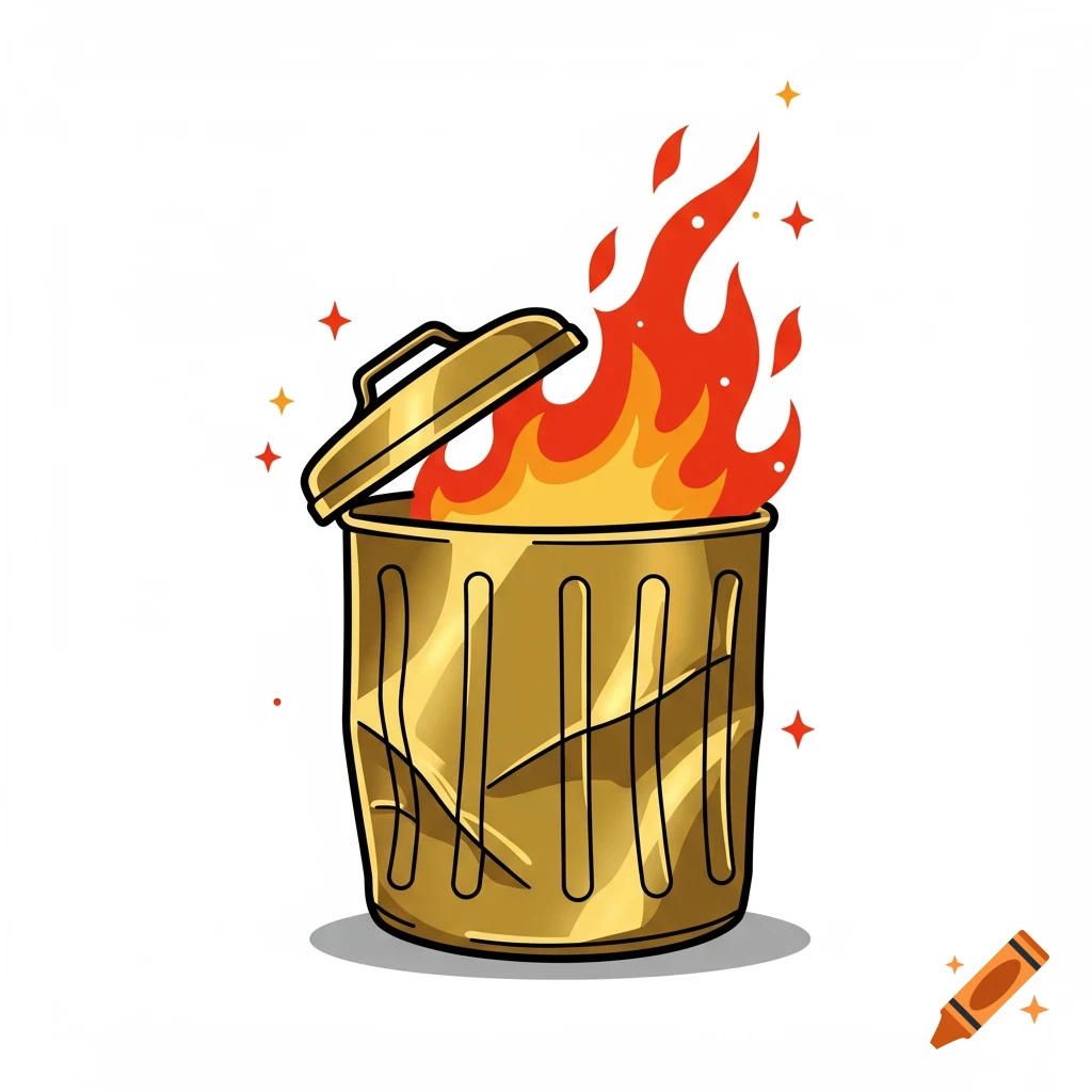 Shiny gold dented garbage can with flames, vector illustration. on Craiyon