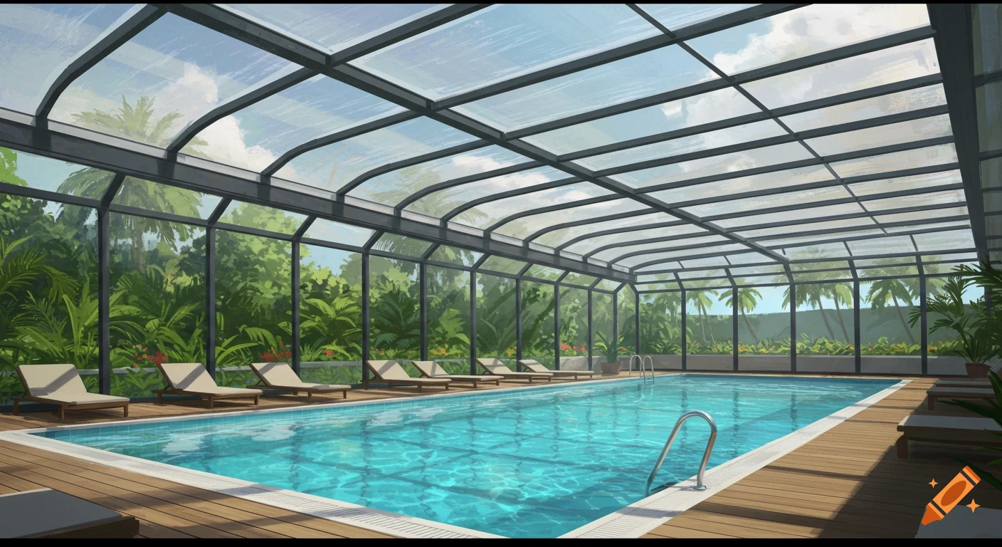 Illustration of an indoor swimming pool with lounge chairs under a transparent roof, surrounded ...