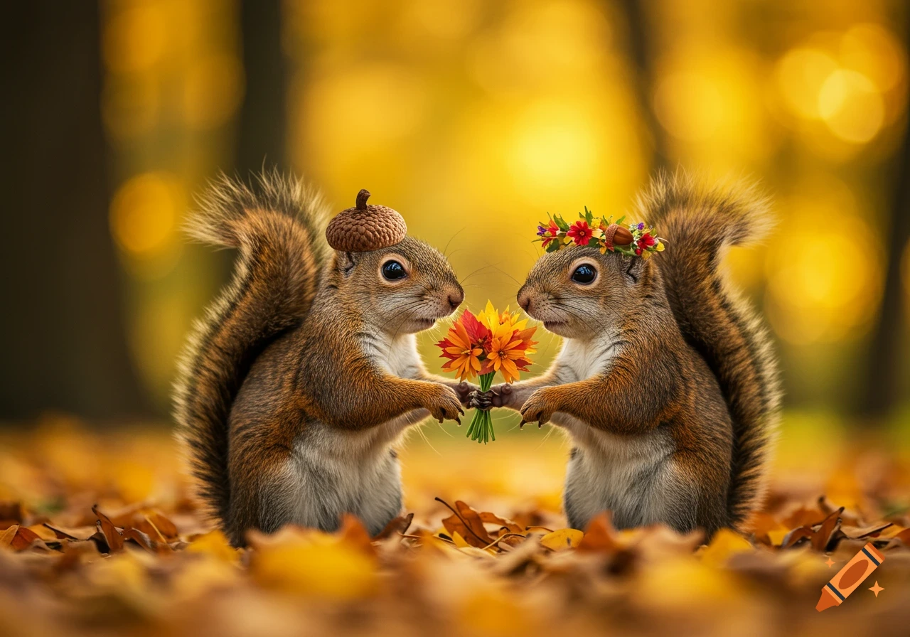 Two squirrels wearing an acorn hat and flower crown hold flowers in an ...