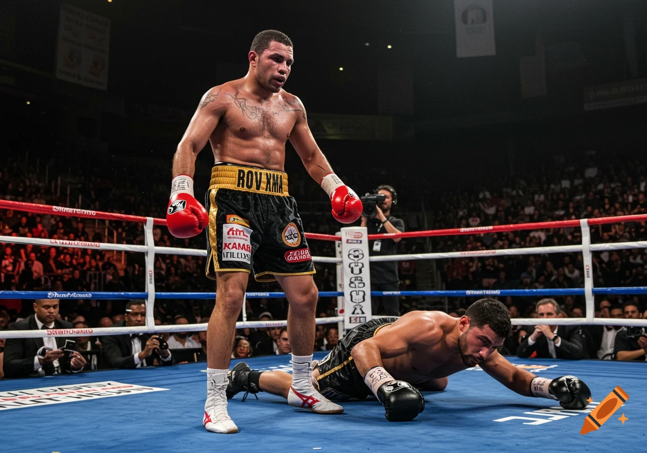 Victorious boxer stands over fallen opponent in a boxing ring. on Craiyon