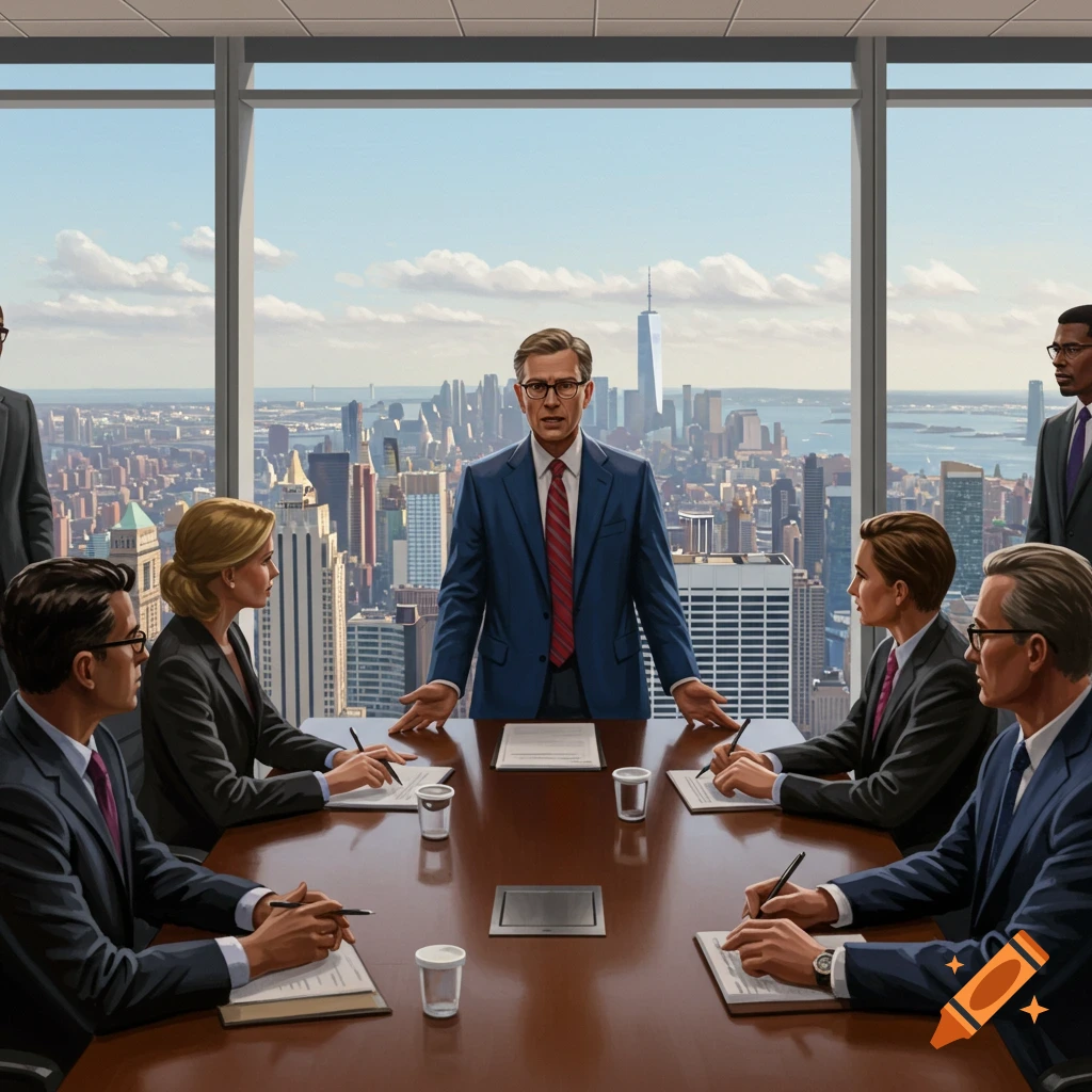 CEO leads a board meeting in a skyscraper overlooking a city on Craiyon