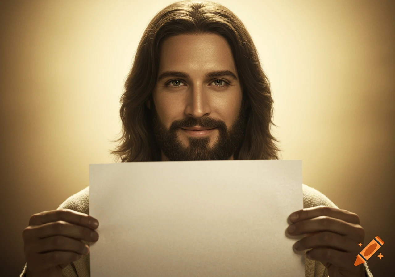 Photorealistic portrait of Jesus holding a blank piece of paper and ...