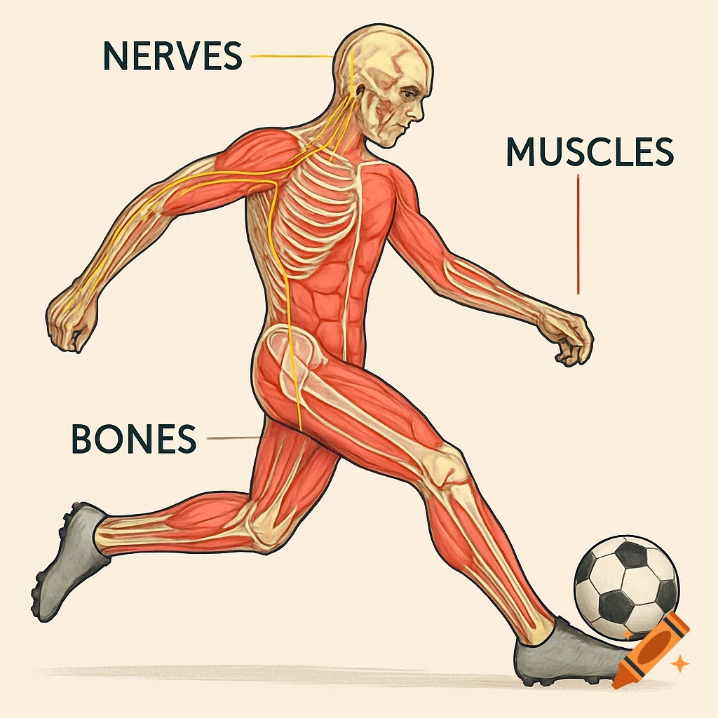 Illustration diagram of a soccer player showing the nerves, muscles ...
