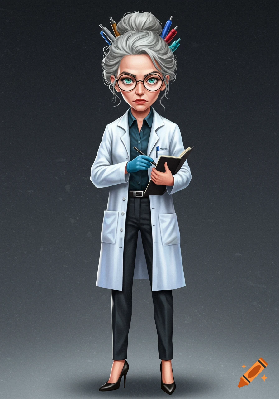 Stylized woman scientist with grey hair in a bun and glasses, wearing a ...