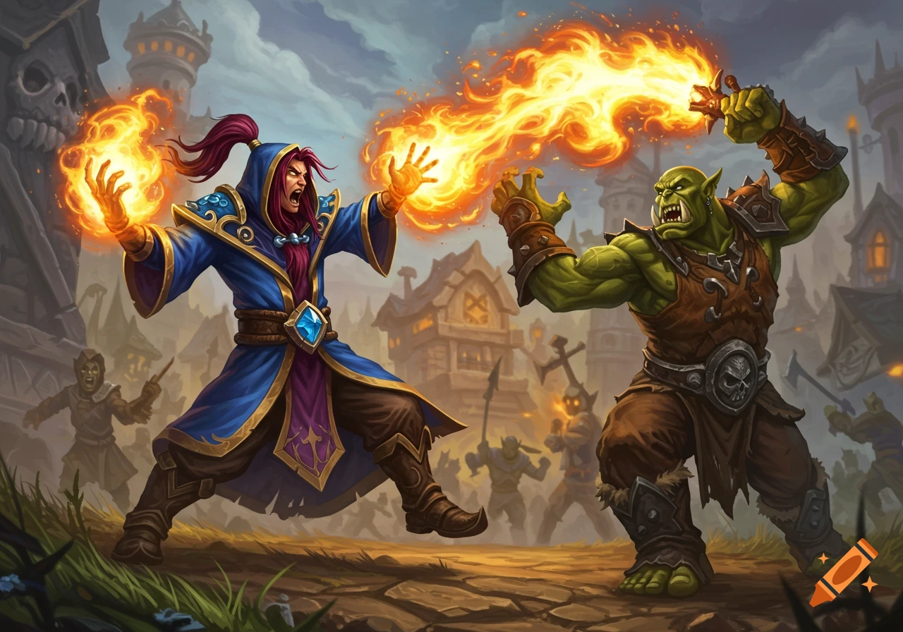 A fantasy illustration of a mage casting fire magic at an orc in a ...