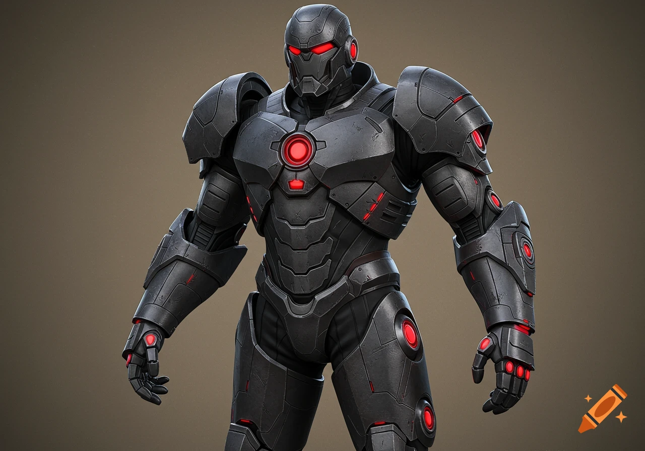 3D render of a dark gray robot armor suit with red glowing eyes. on Craiyon