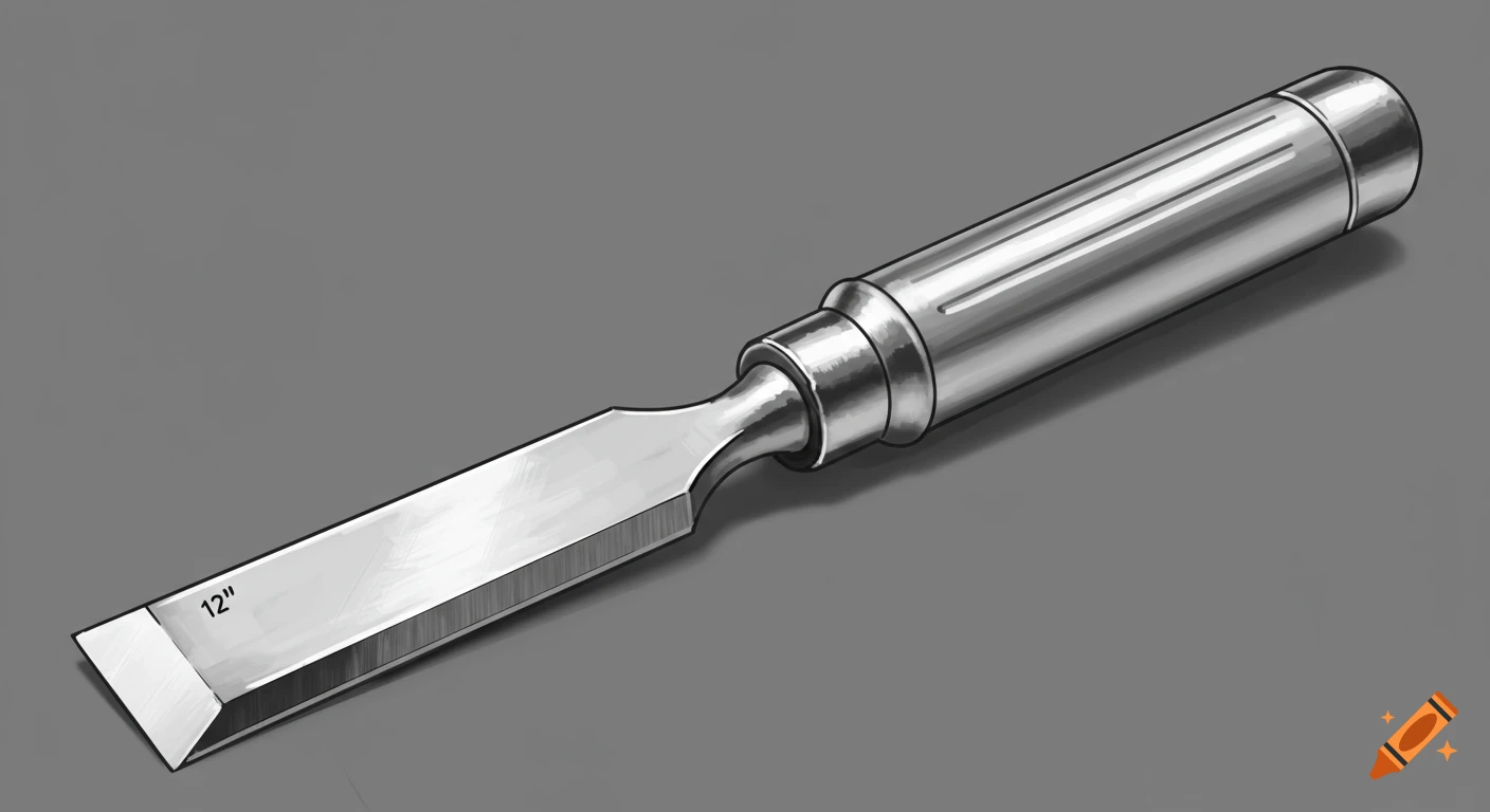 A black and white outlined drawing of a metal chisel with "12"" on the ...