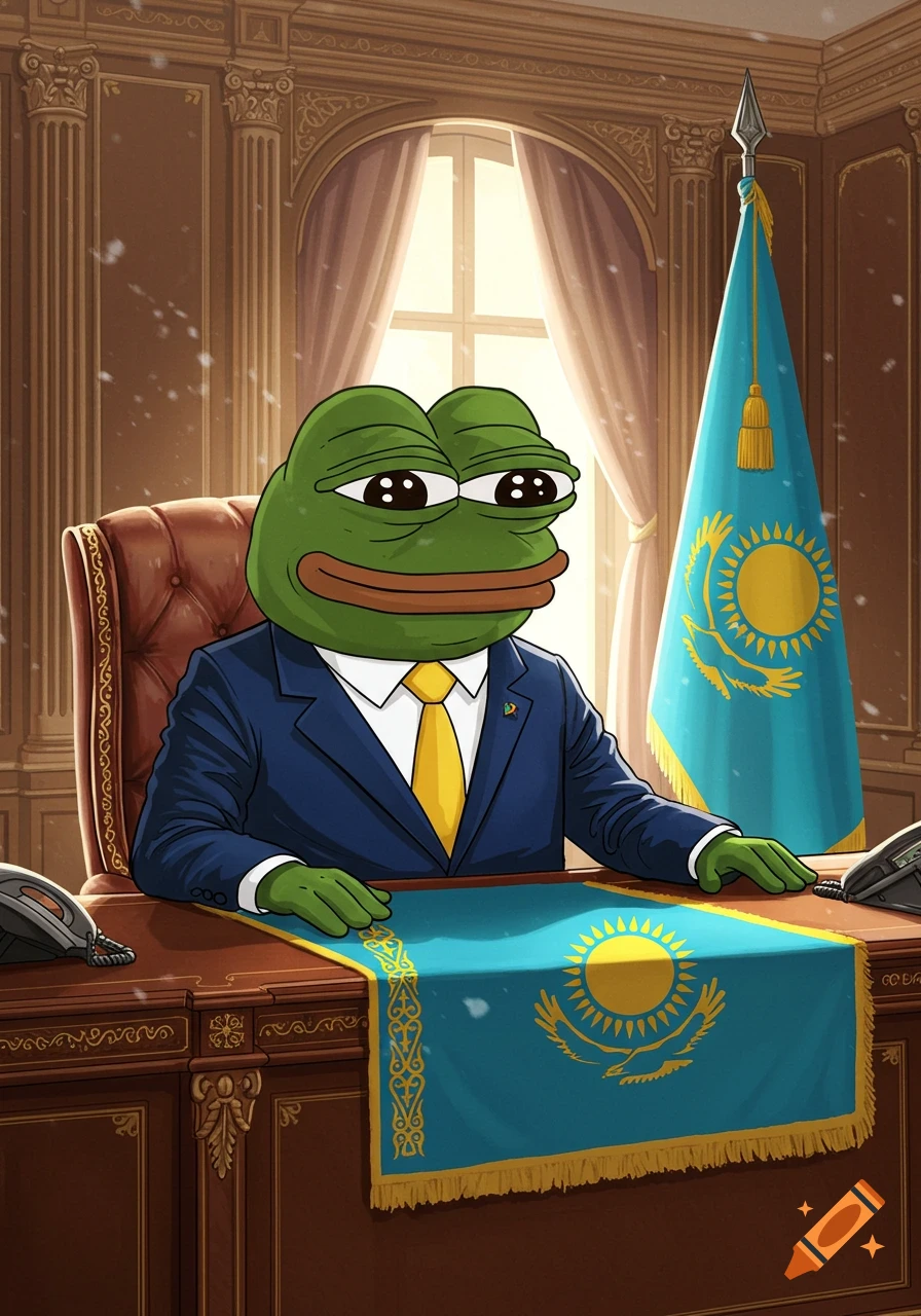 Illustration of Pepe the Frog wearing a suit and tie, sitting at a desk ...