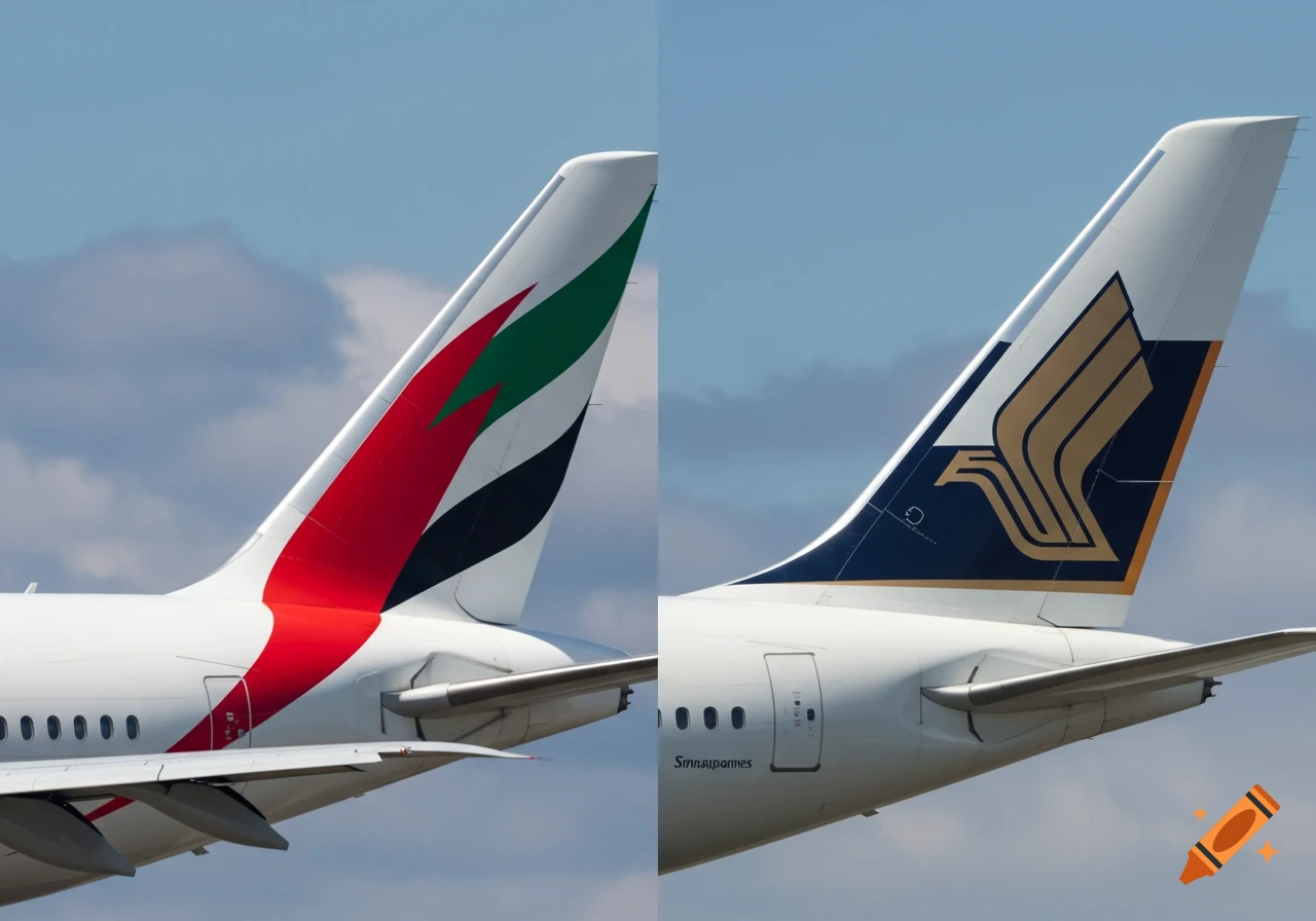 Close-up photo showing the tails of an Emirates and a Singapore ...
