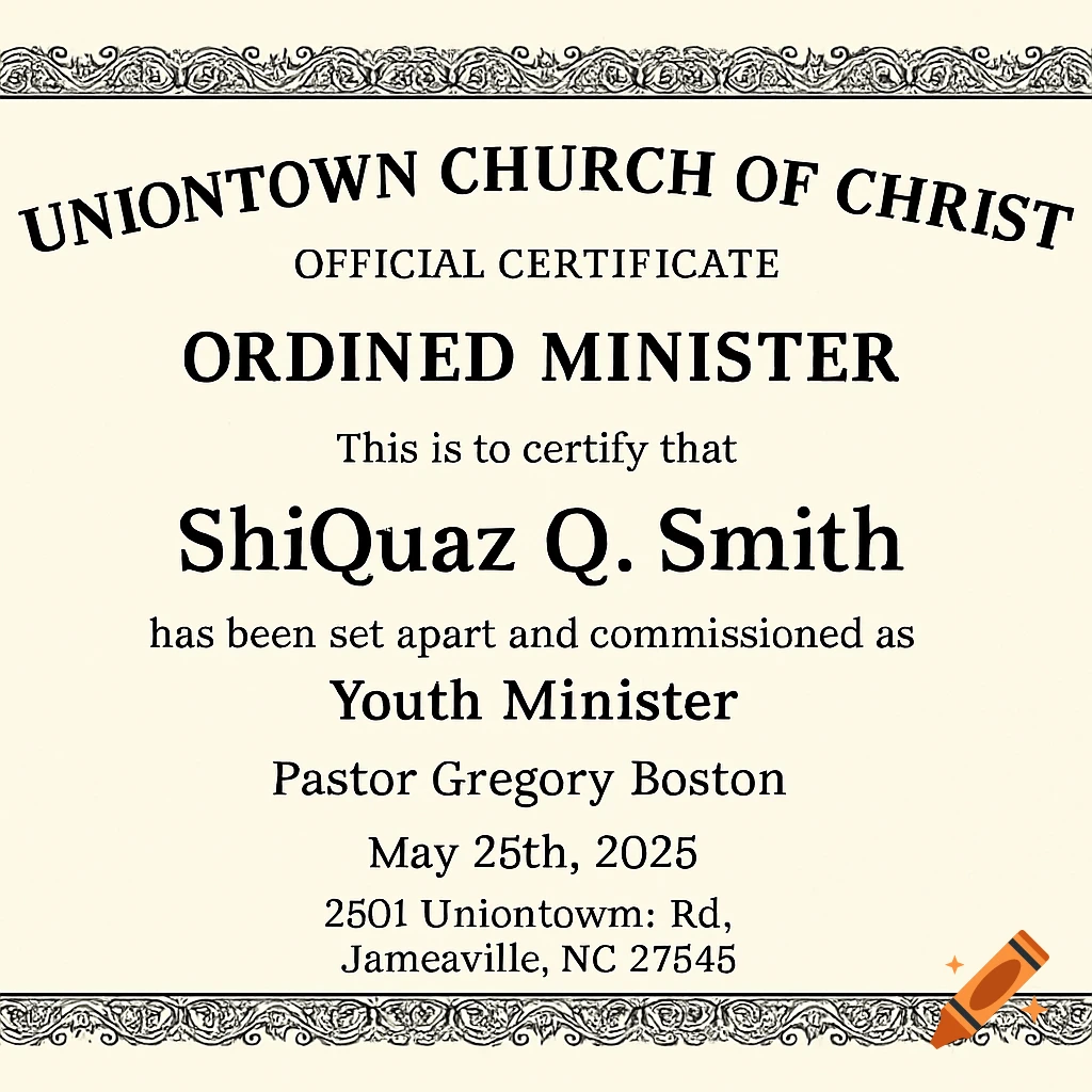 An official certificate for an ordained minister from Uniontown Church ...