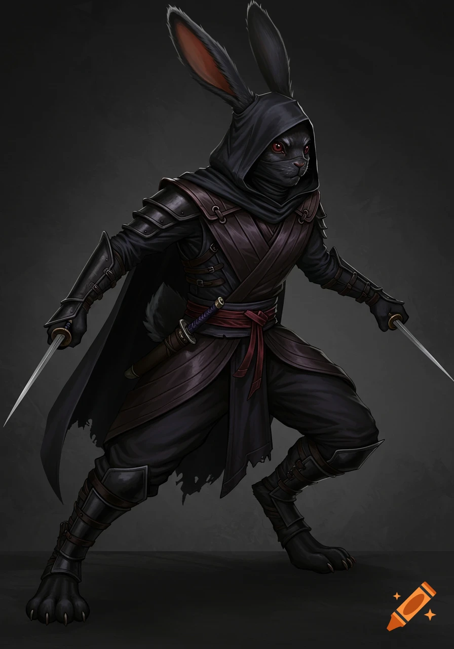 A humanoid black rabbit in dark fantasy ninja armor holds daggers in a ...