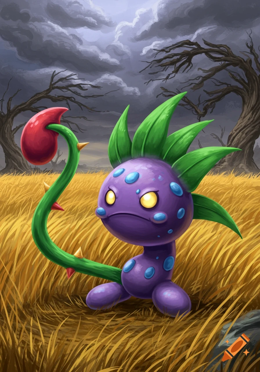 Purple creature with green leaves and thorny vine tail in a field under ...