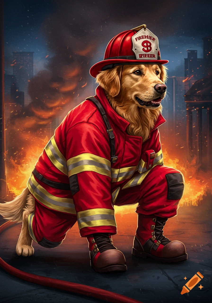 Golden retriever dog dressed as a firefighter kneels surrounded by fire ...