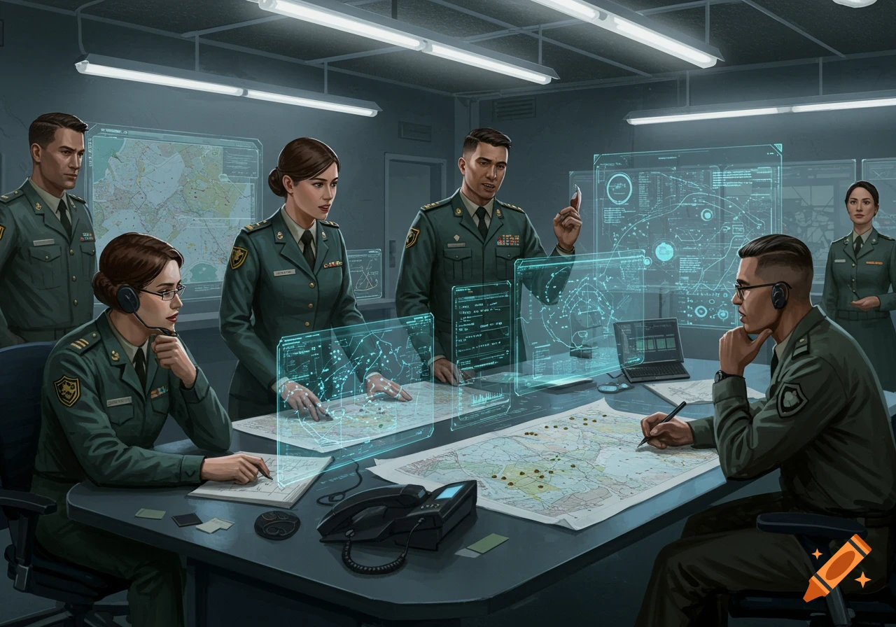 Military officers plan using maps and holographic screens in a control ...