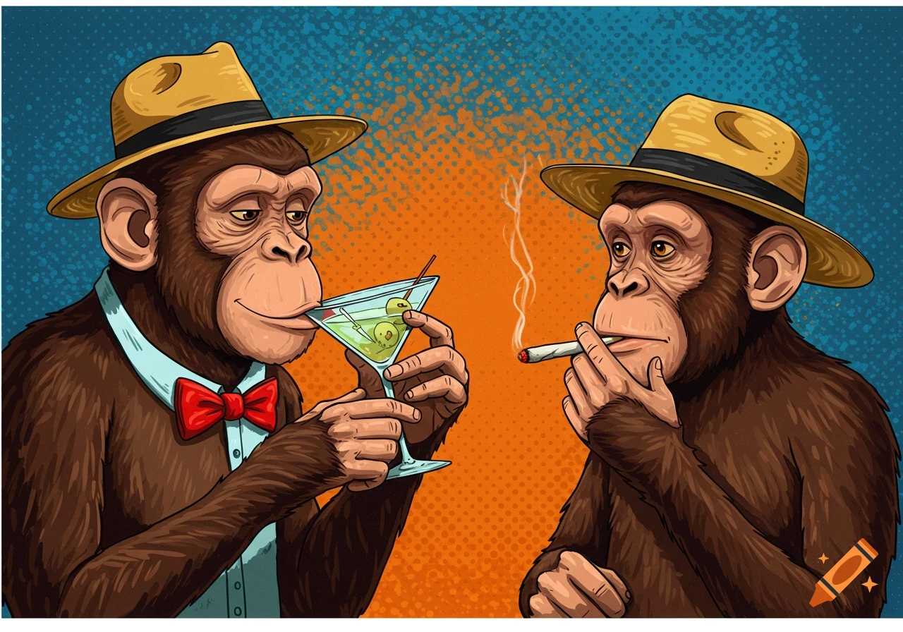 Cartoon illustration of two monkeys in hats, one drinking a martini ...