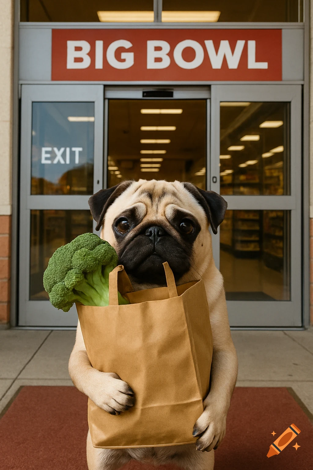 A pug dog holding a paper grocery bag with broccoli in front of a store ...