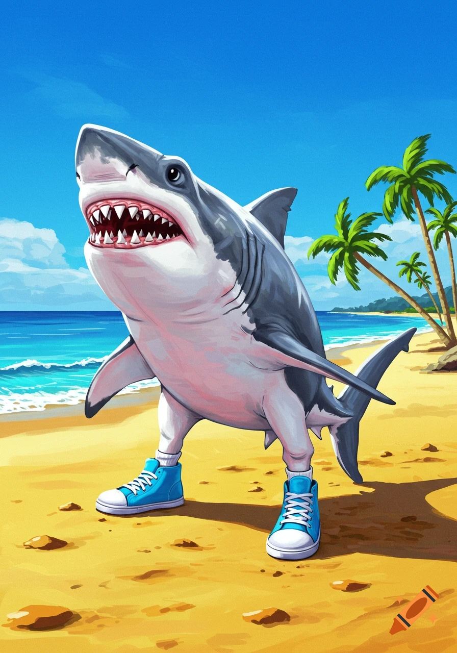 Cartoon great white shark standing on a sunny beach with human legs ...
