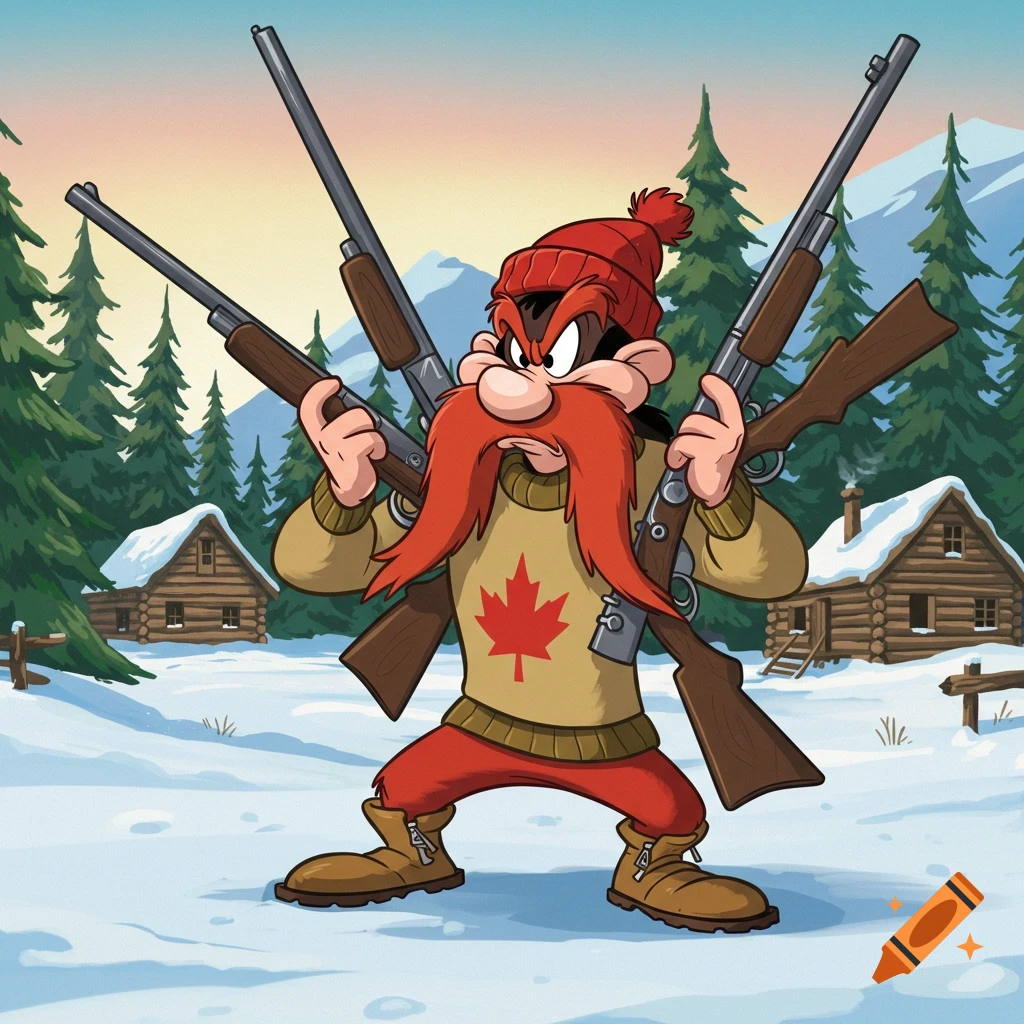 Cartoon character Yosemite Sam in winter clothing holding three rifles ...
