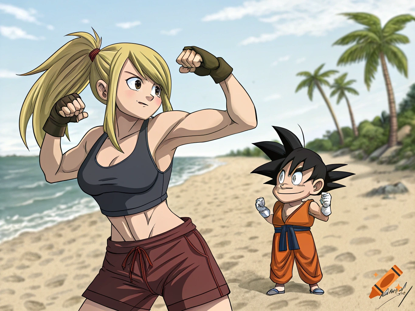 Samus Aran and Goku pose and flex on a beach in anime style. on Craiyon