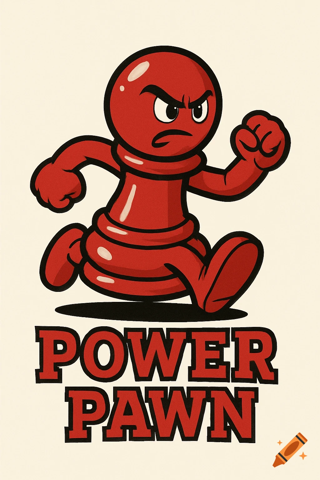A cartoon red chess pawn character running, with 'POWER PAWN' text ...