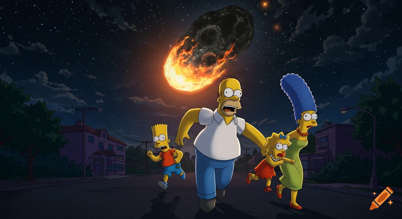 The Simpsons family runs scared from a flaming meteor at night on Craiyon