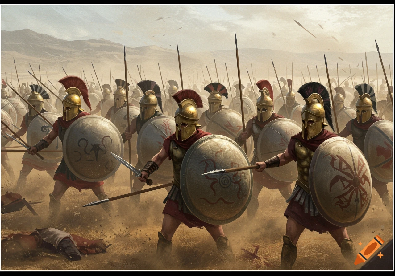 Spartan soldiers in phalanx formation on a dusty battlefield on Craiyon