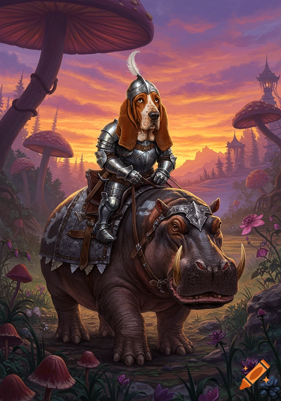 Basset hound in armor riding a battle hippo in a fantasy forest at ...