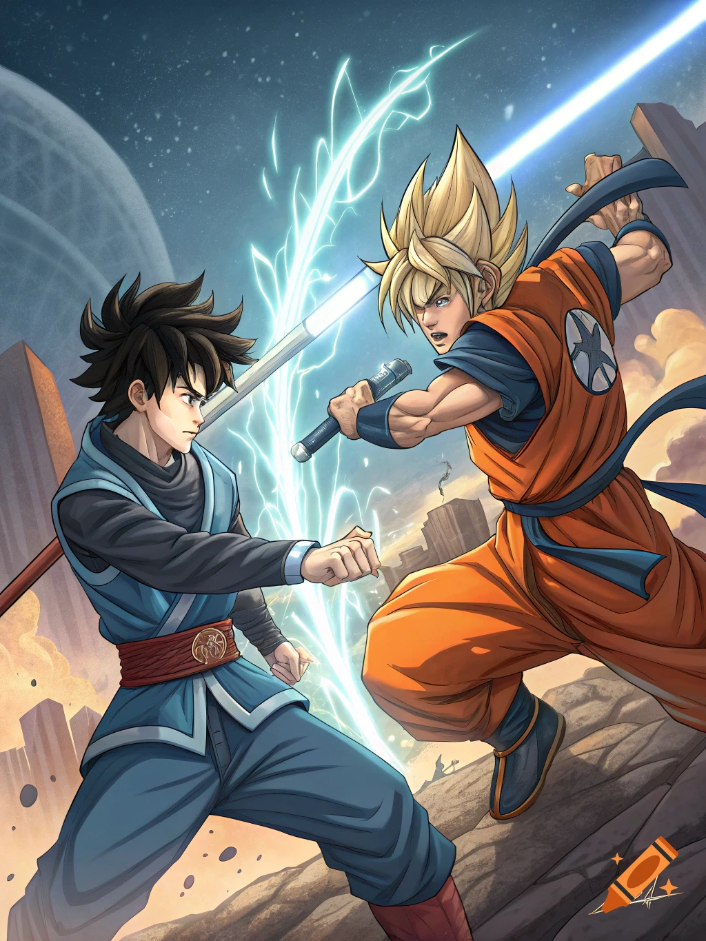 Two anime characters resembling Goku and Sung Jin Woo fight with energy ...
