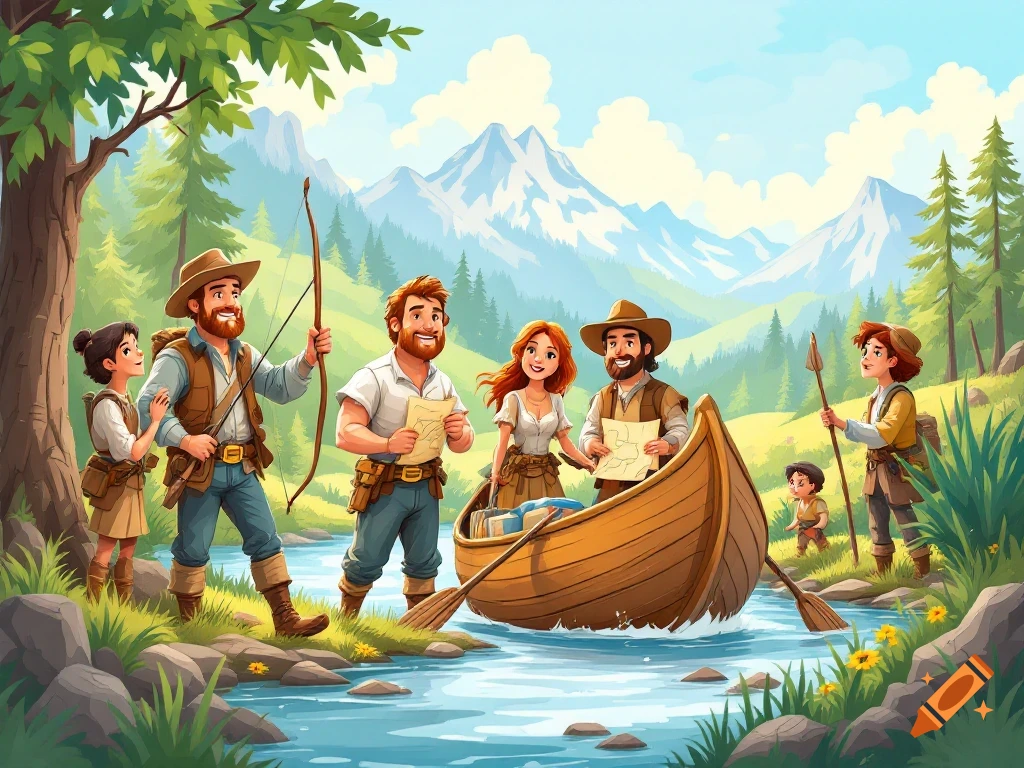 Cartoon illustration of explorers with a boat, maps, and gear by a ...