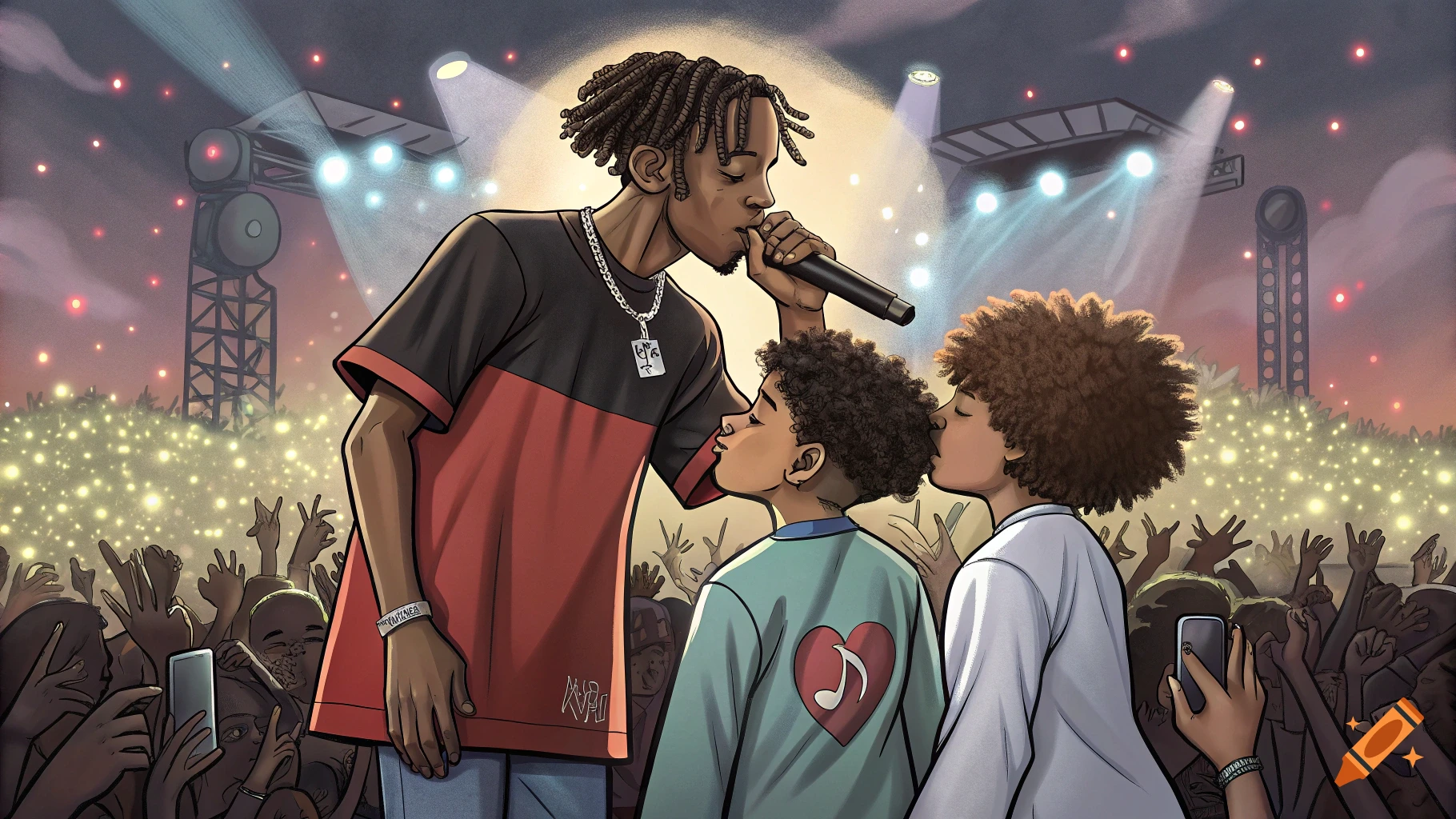 Illustration of a rapper on stage with children in the crowd. on Craiyon