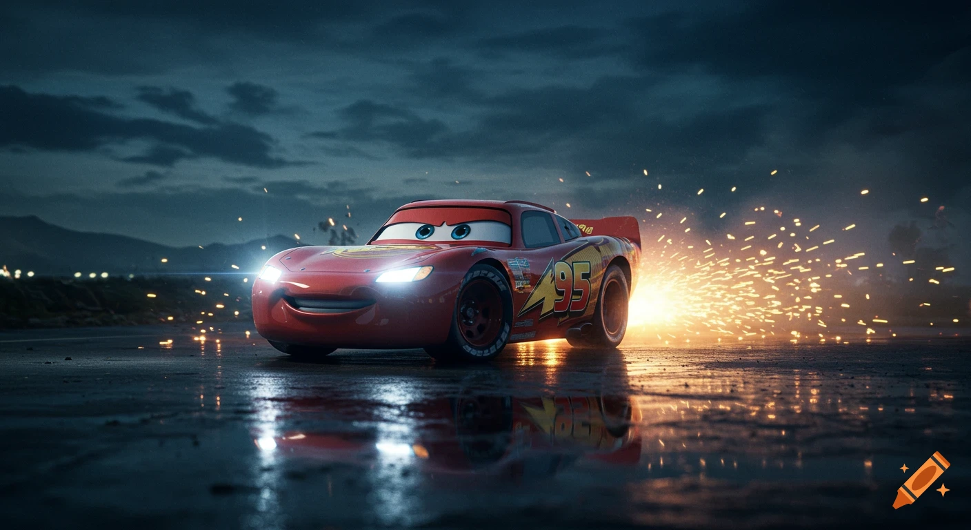 Lightning McQueen from Disney Pixar's Cars speeds on a wet road at ...