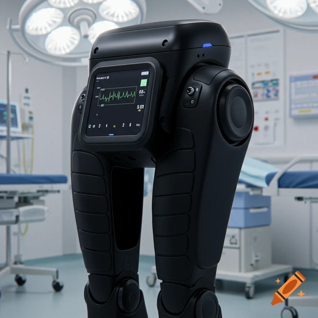 A black medical robot with a screen displaying health data stands in an ...