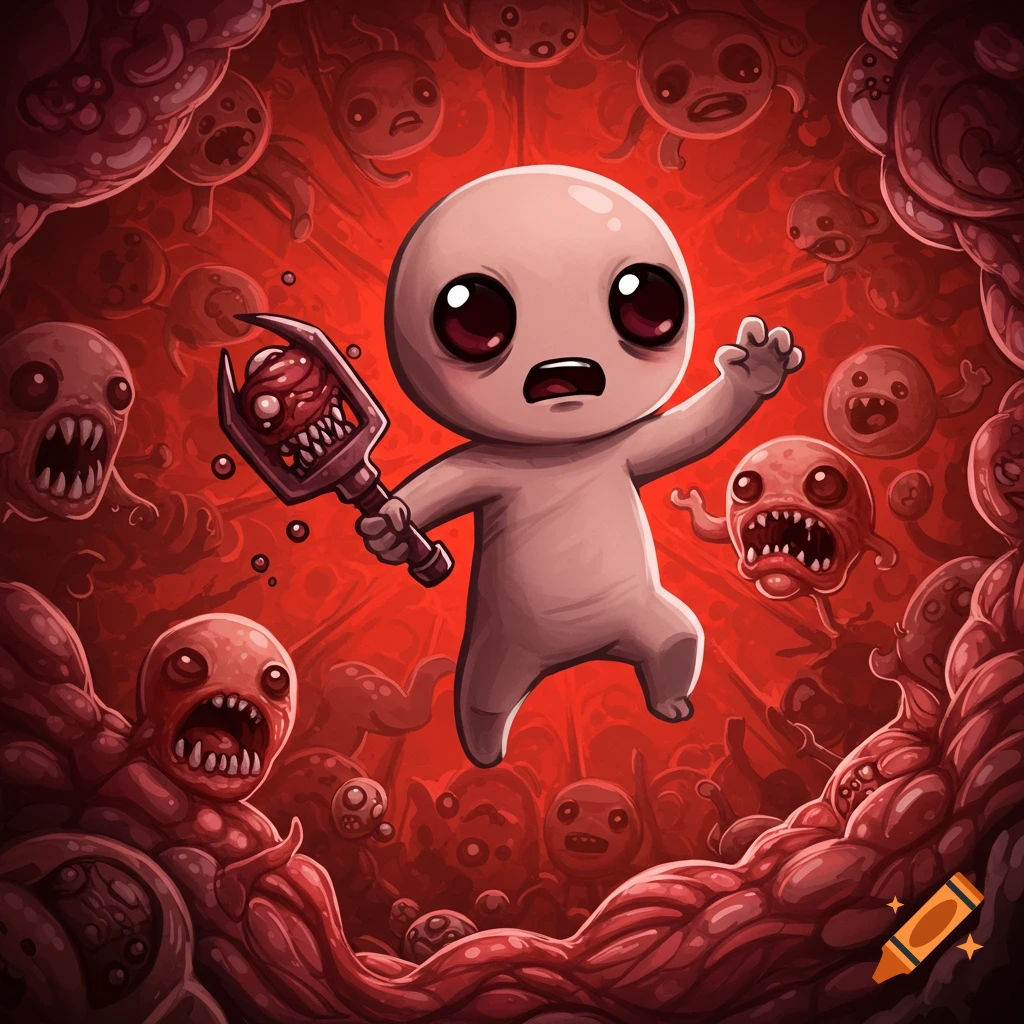 Cartoon character with large eyes holds a weapon surrounded by red ...