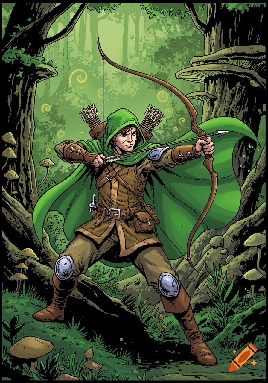 A comic style drawing of a fantasy archer aiming a bow in a forest. on ...