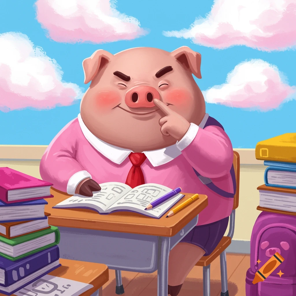 Cartoon pig student picking his nose at a school desk with books on Craiyon