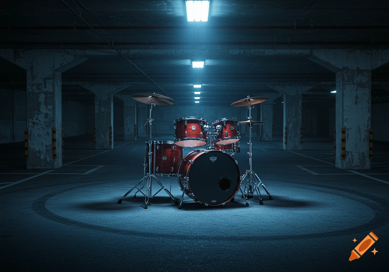 A drum set is set up in the center of a dimly lit parking garage with ...