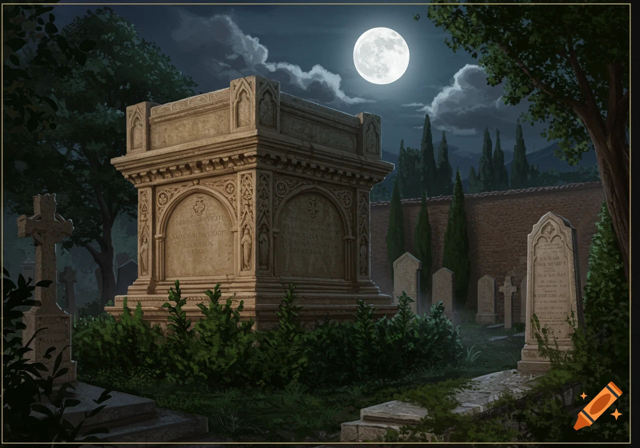 A large stone tomb stands in a moonlit graveyard at night with ...