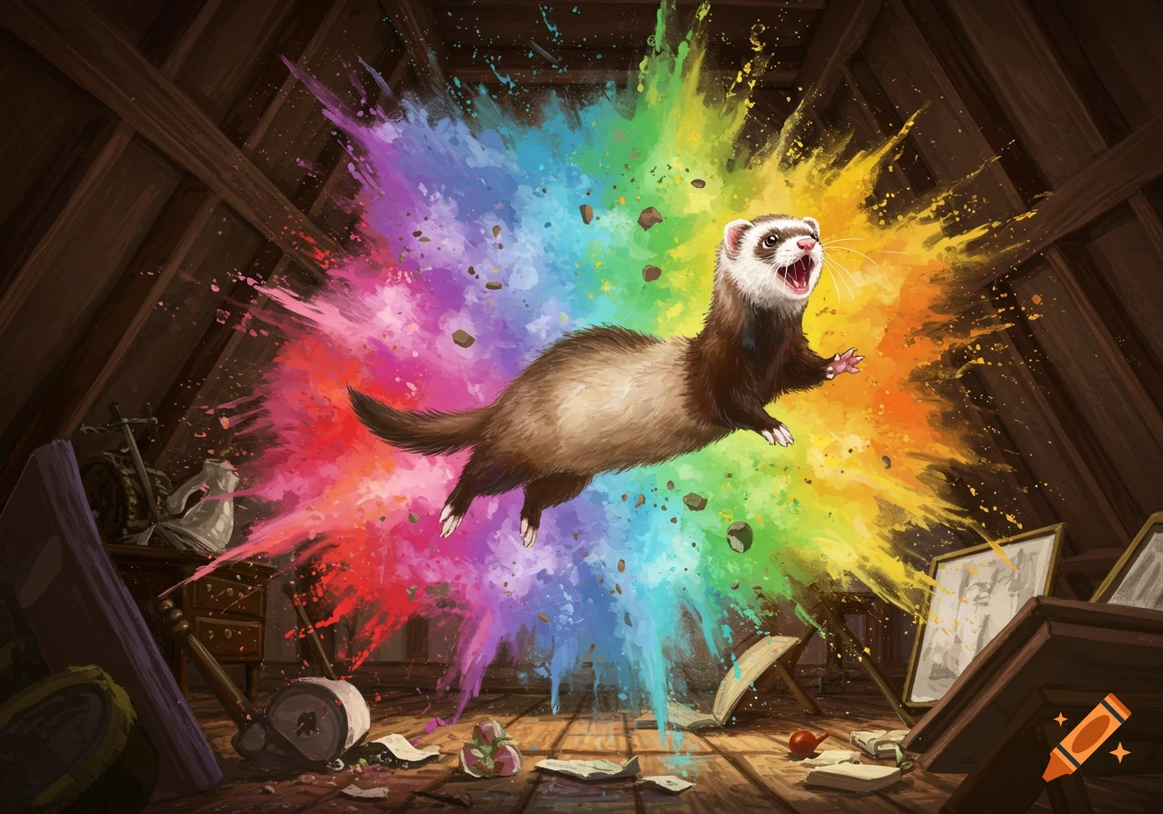 A ferret bursts through a vibrant rainbow paint explosion in a dusty ...