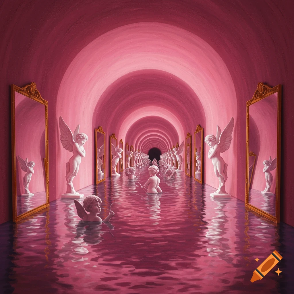 A surreal pink tunnel flooded with water, lined with cupid statues and mirrors creating an ...