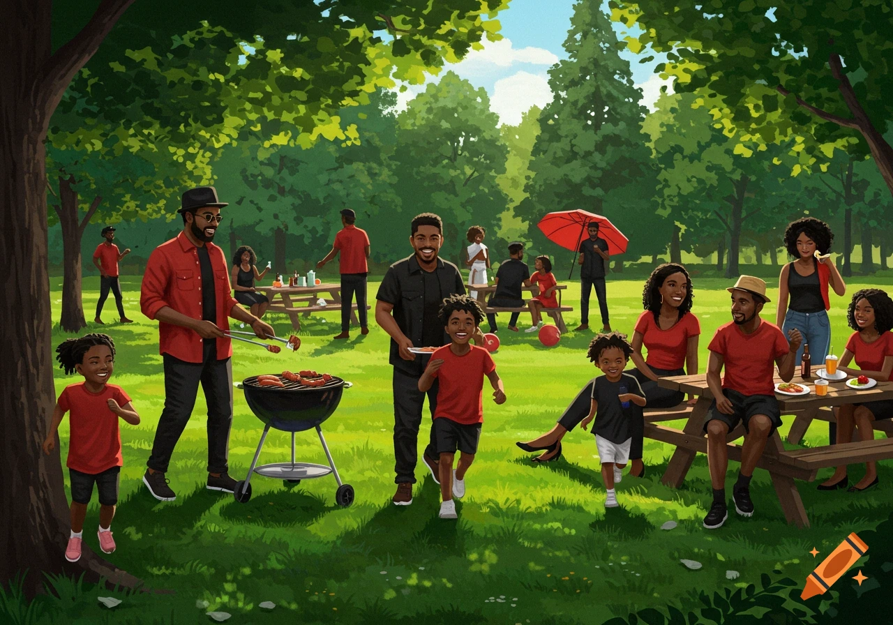 Illustration of a Black family having a cookout in a park. on Craiyon