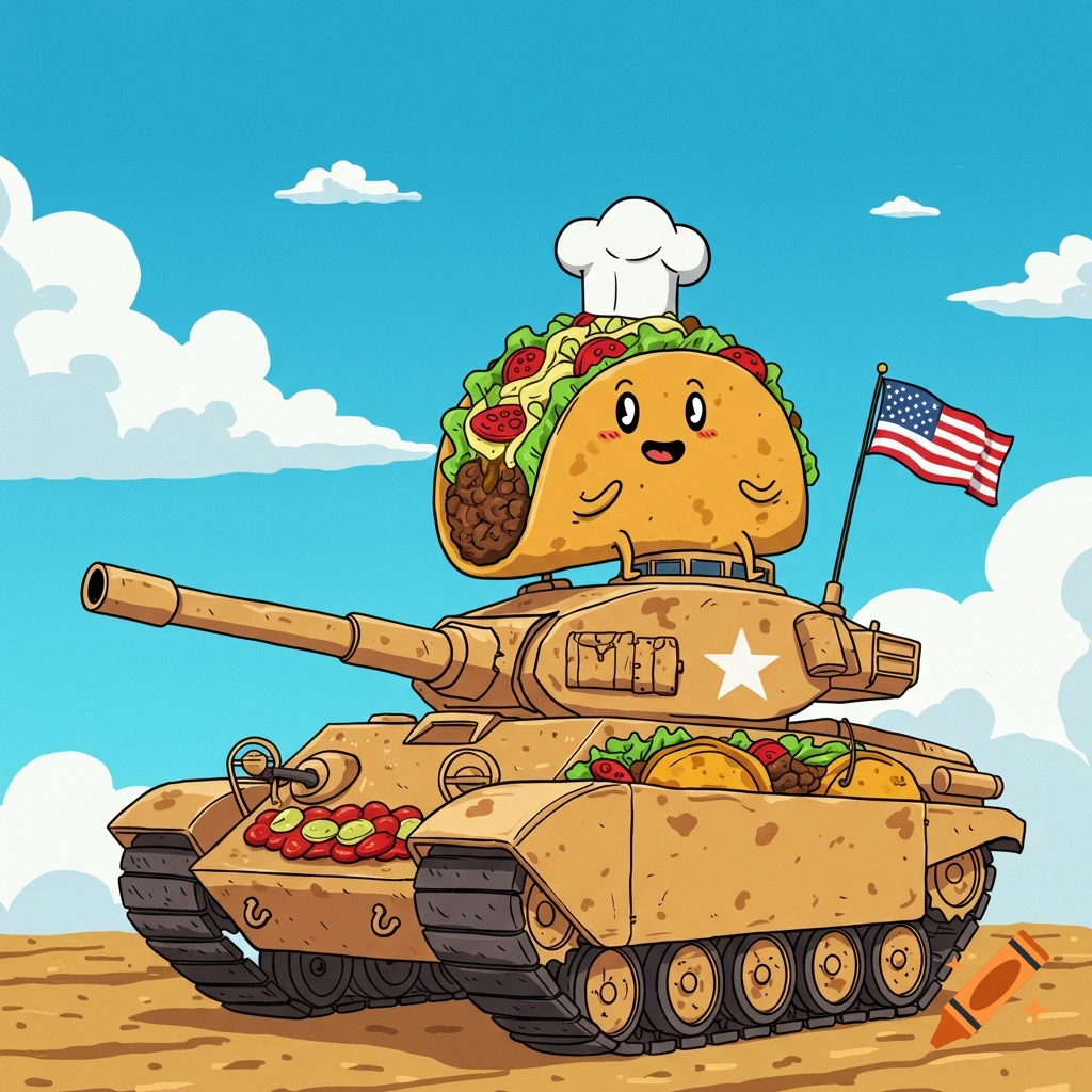 A happy cartoon taco wearing a chef hat rides on a tan tank decorated ...