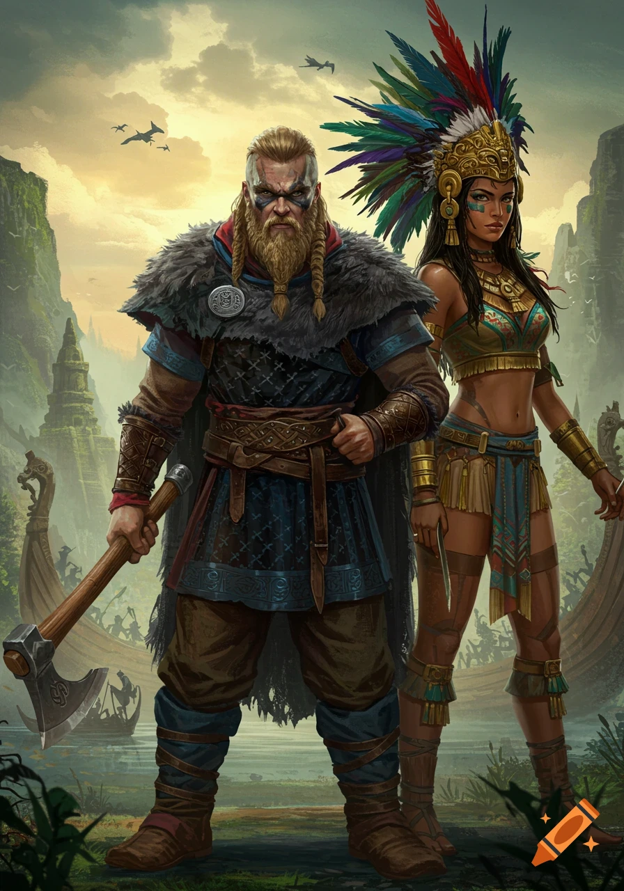 Digital painting of a Viking man and an Aztec woman standing together ...